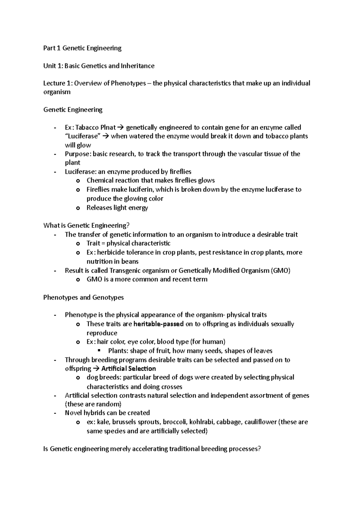 Plbio 2400 part 1 notes - Genetics - Part 1 Genetic Engineering Unit 1 ...