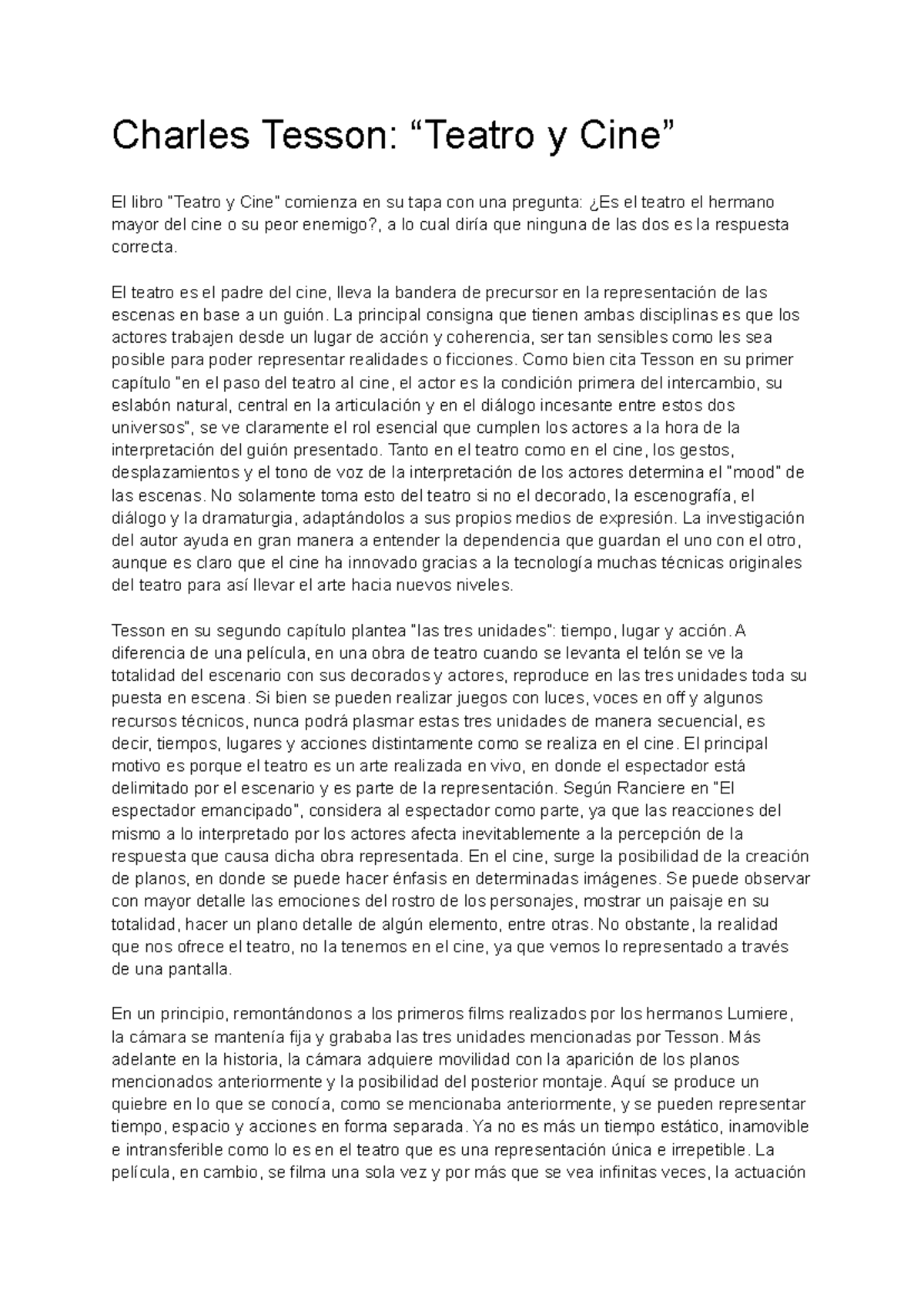 Parcial 1 Artes Vis. y Escénicas - Charles Tesson: “Teatro y Cine” El ...