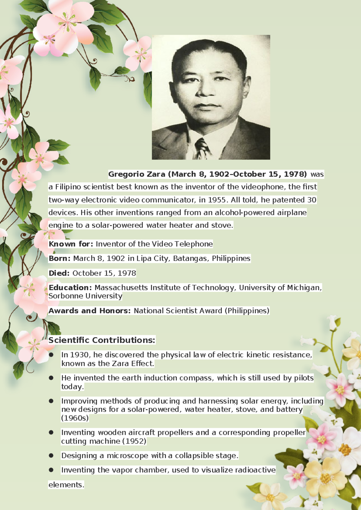 Filipino- Inventor - mbj - Gregorio Zara (March 8, 1902–October 15 ...