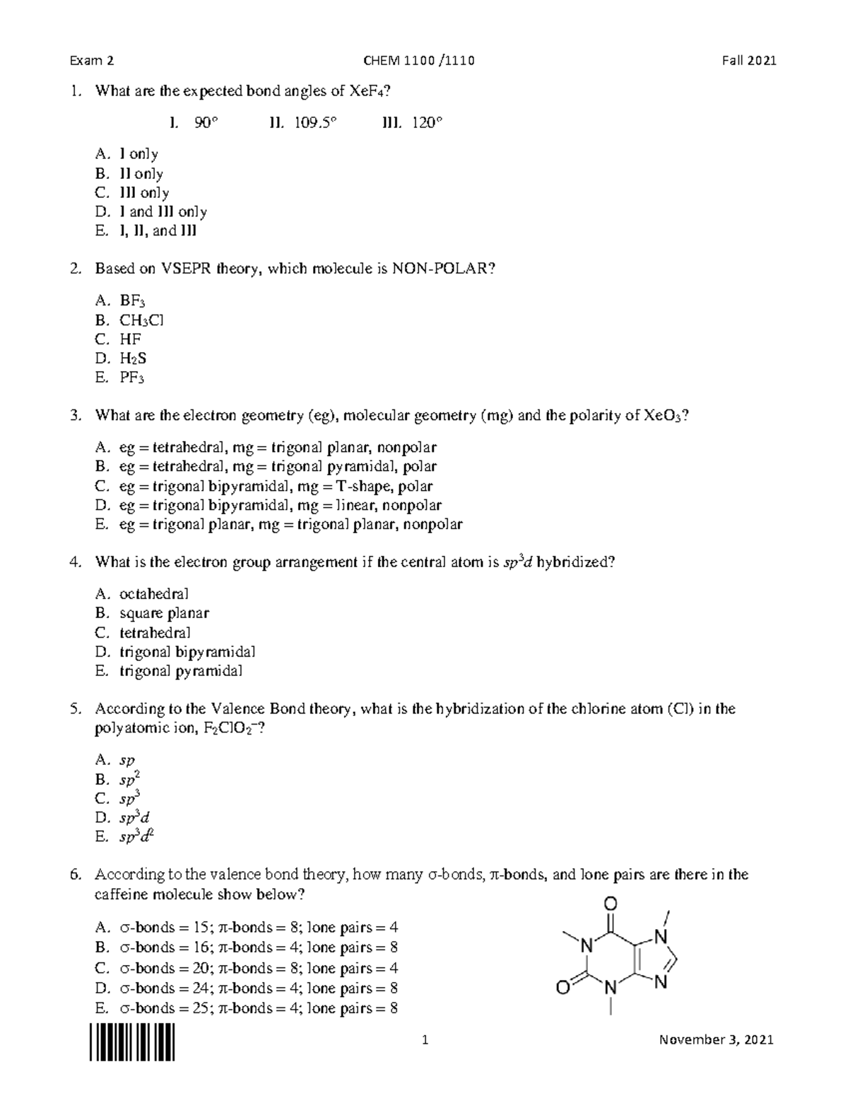 Chem 1 Exam 2 F2021 Form A no key - 1 November 3, 2021 What are the ...