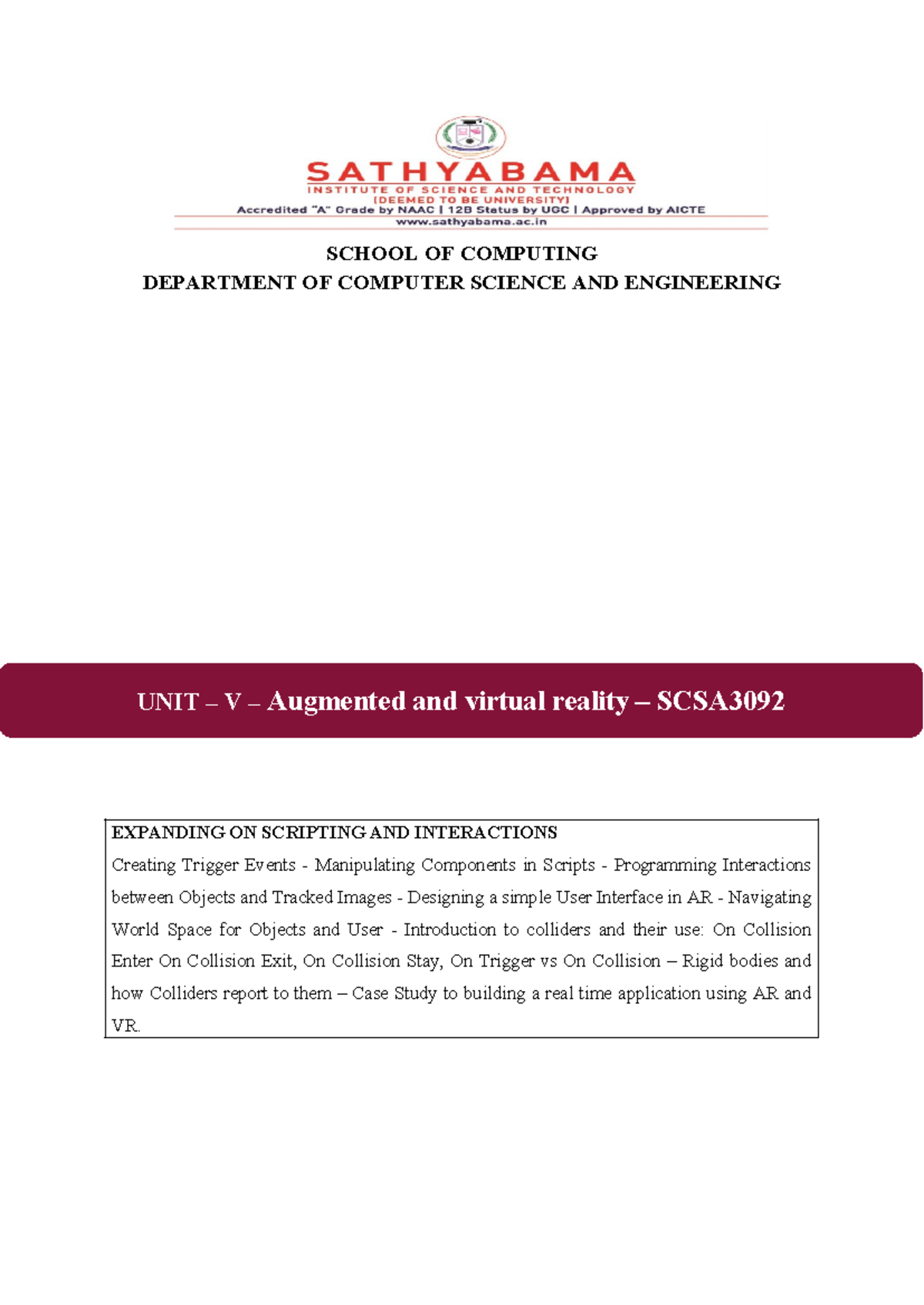 UNIT 5 SCSA3092 - iygvkiyfutkk - SCHOOL OF COMPUTING DEPARTMENT OF ...