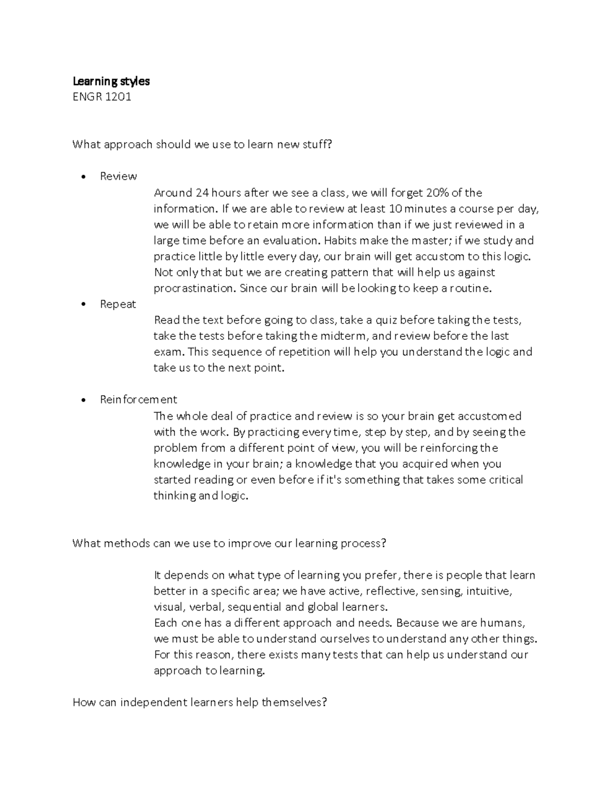 Learning styles - Learning styles ENGR 1201 What approach should we use ...