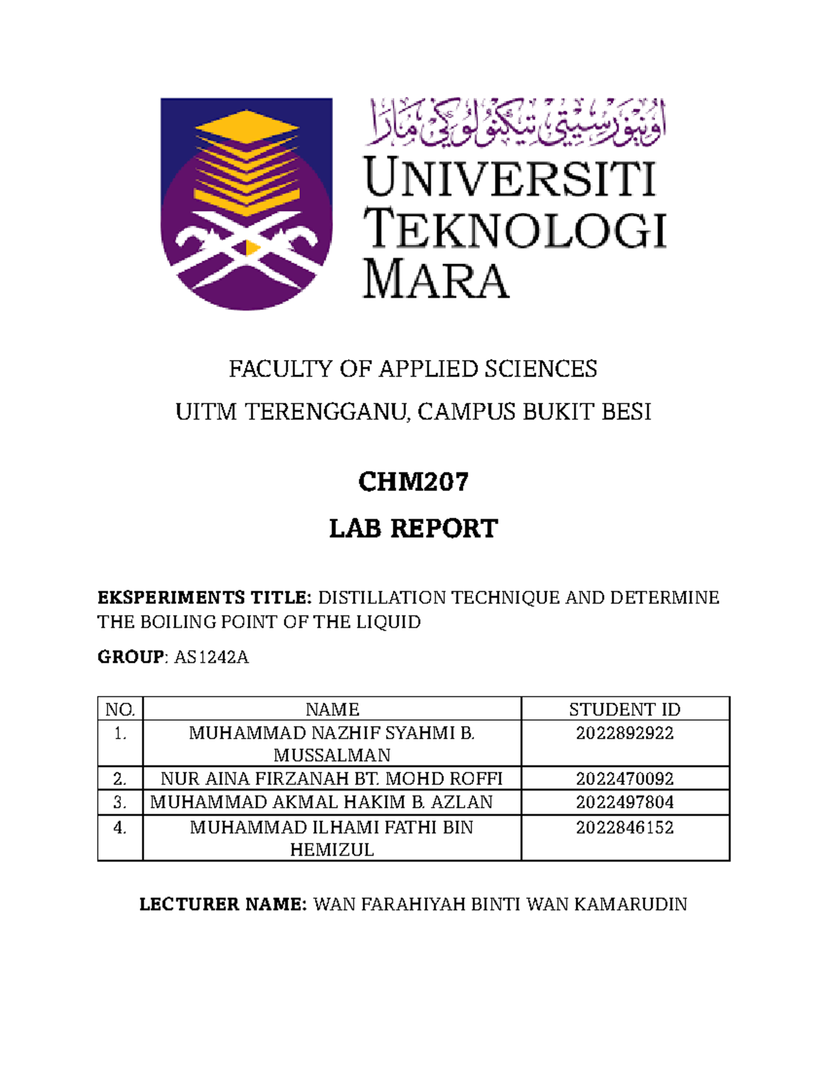 CHM207 LAB Report EKS - student - FACULTY OF APPLIED SCIENCES UITM ...