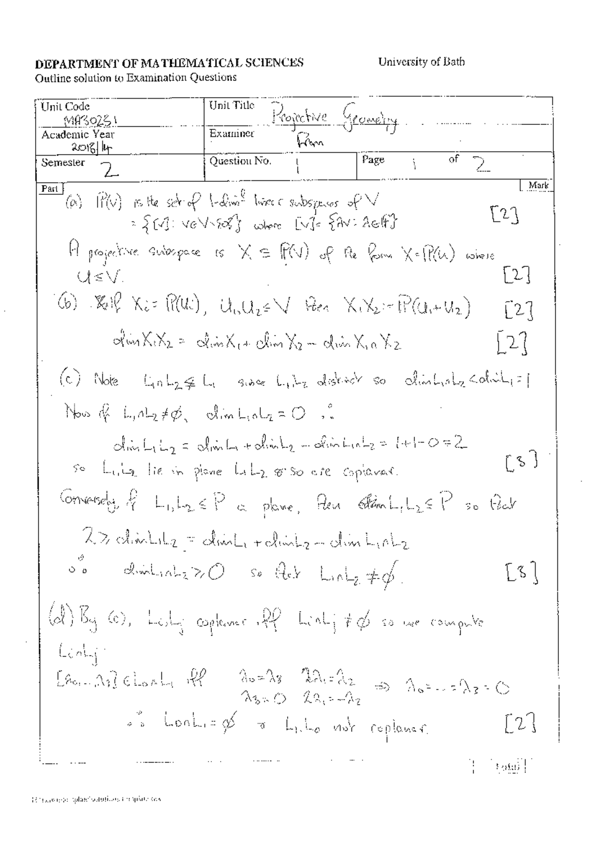 Exam 2014, answers - DEPARTMENT OF MATHEMATICAL SCIENCES University of ...