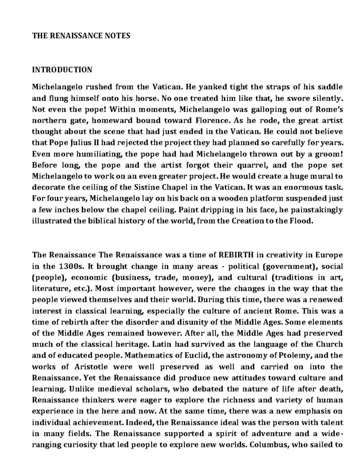 THE Renaissance - THE RENAISSANCE NOTES INTRODUCTION Michelangelo ...