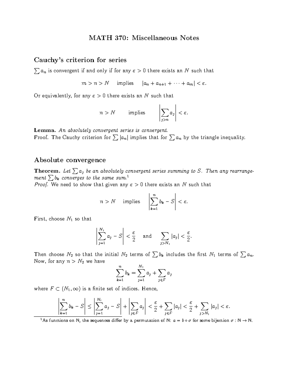 Miscellaneous notes - MATH 370: Miscellaneous Notes Cauchy’s criterion ...
