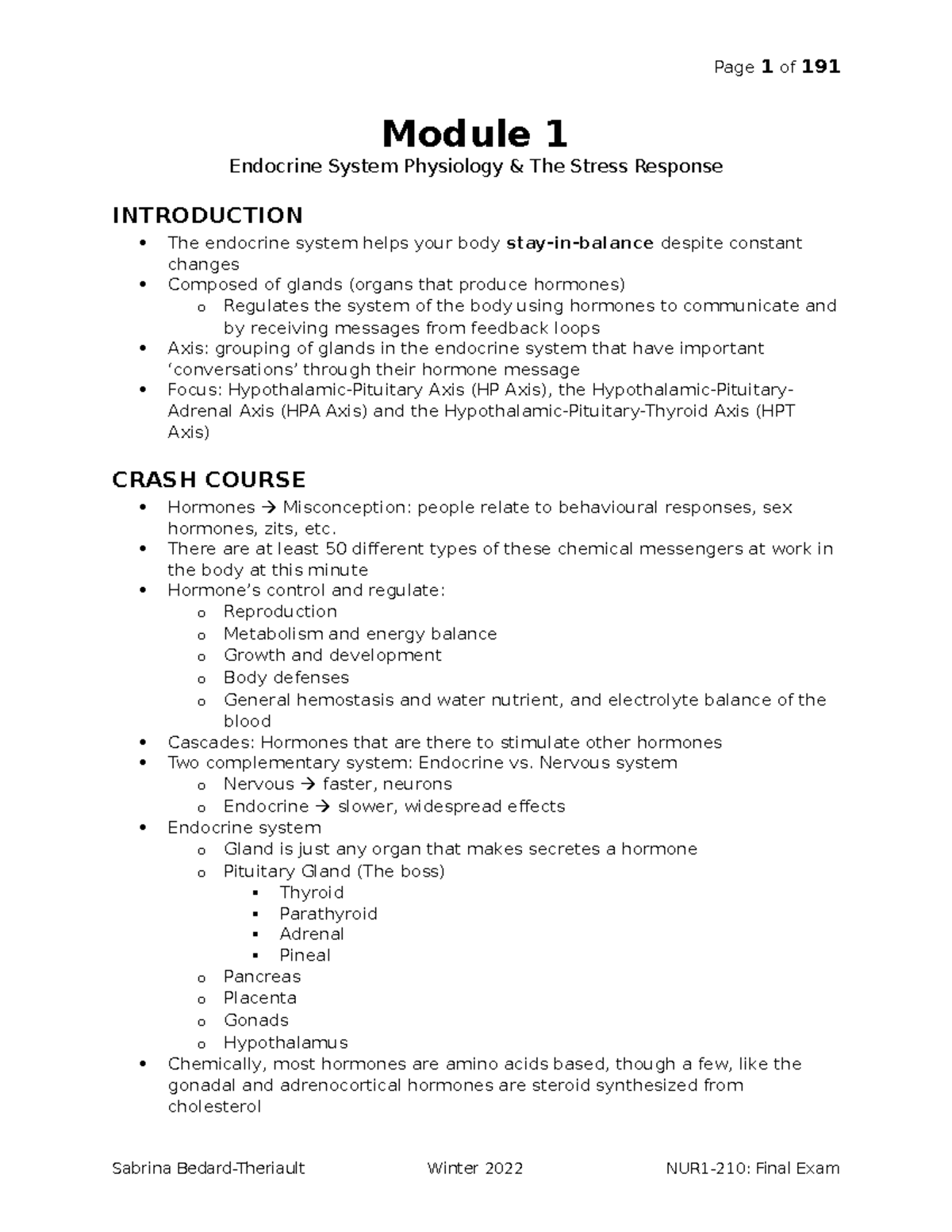 Module 1 - Module 1 Endocrine System Physiology & The Stress Response ...