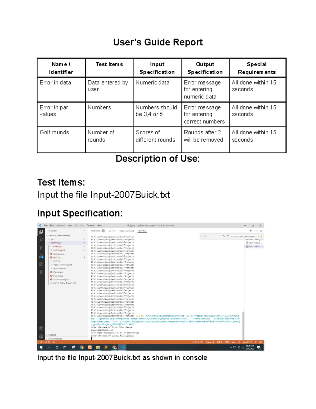 User’s Guide Report - User’s Guide Report Name / Test Items Input ...