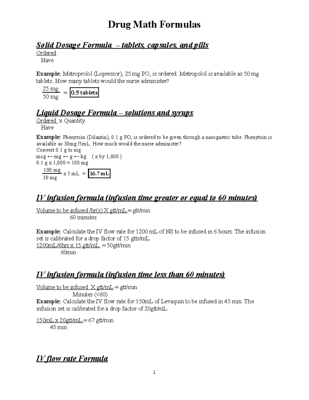 Drug Math-Formula Practice questions - Drug Math Formulas Solid Dosage ...