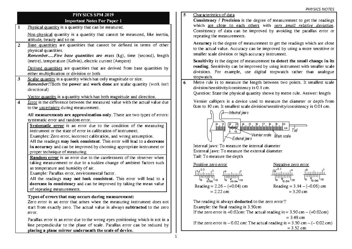 P1 Notes (physics) - PHYSICS SPM 2019 Important Notes For Paper 1 1 ...