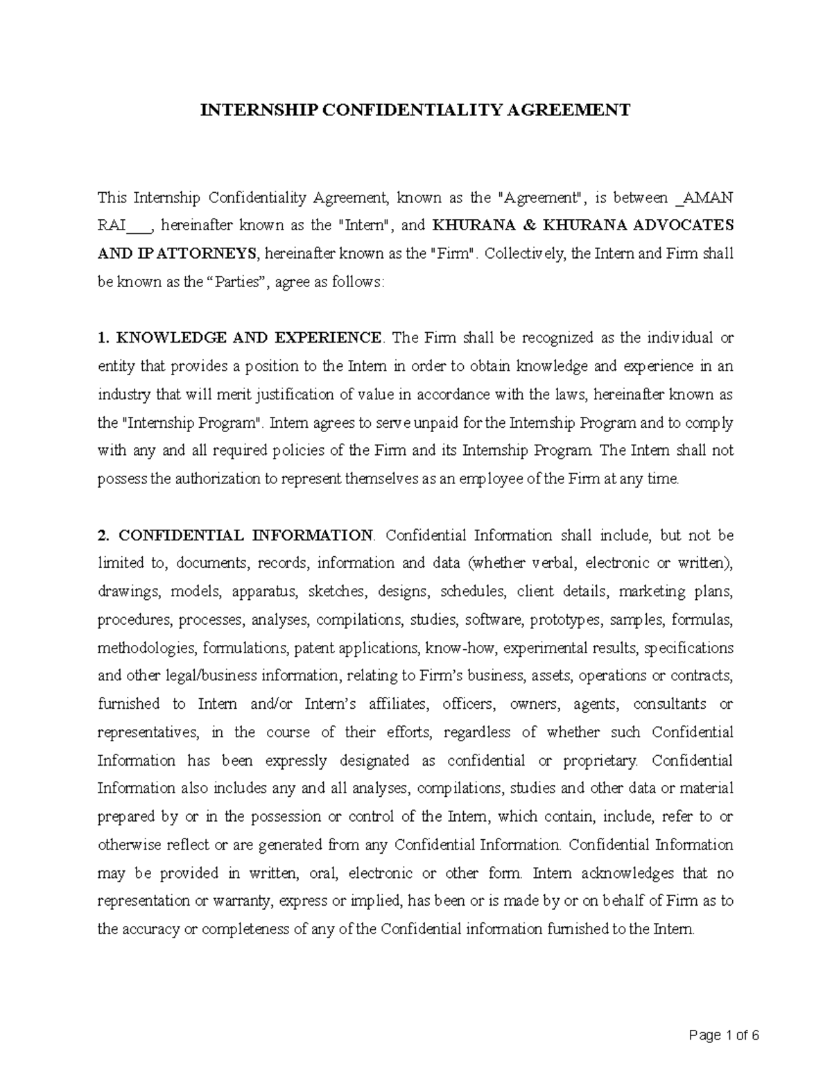 Internship Confidentiality Agreement NDA - INTERNSHIP CONFIDENTIALITY ...