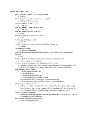 TX. Gov. Exam 2 review - Exam 2 Review Sheet Exam Date: Tuesday October ...