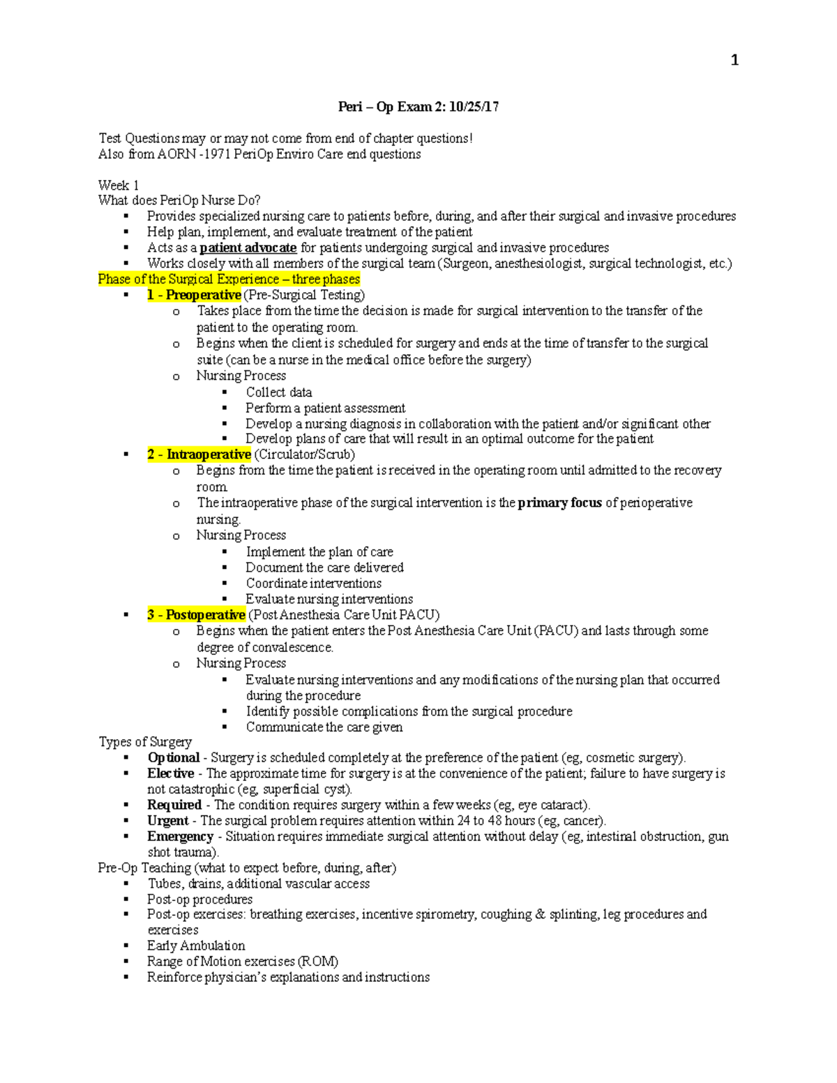 Peri-Op Midterm Guide [Lena] - Peri – Op Exam 2: 10/25/ Test Questions ...