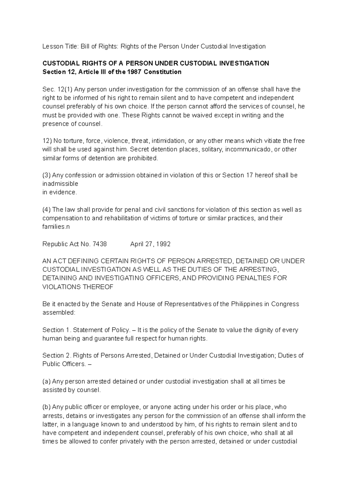 P3 Human Rights - Lesson Title: Bill of Rights: Rights of the Person ...