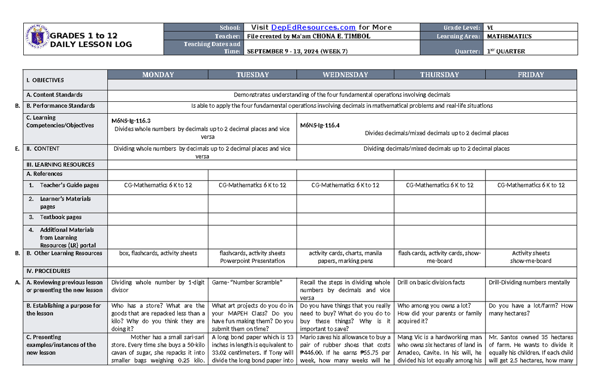 DLL Mathematics 6 Q1 W7 - Please Read - GRADES 1 to 12 DAILY LESSON LOG School: Visit ...