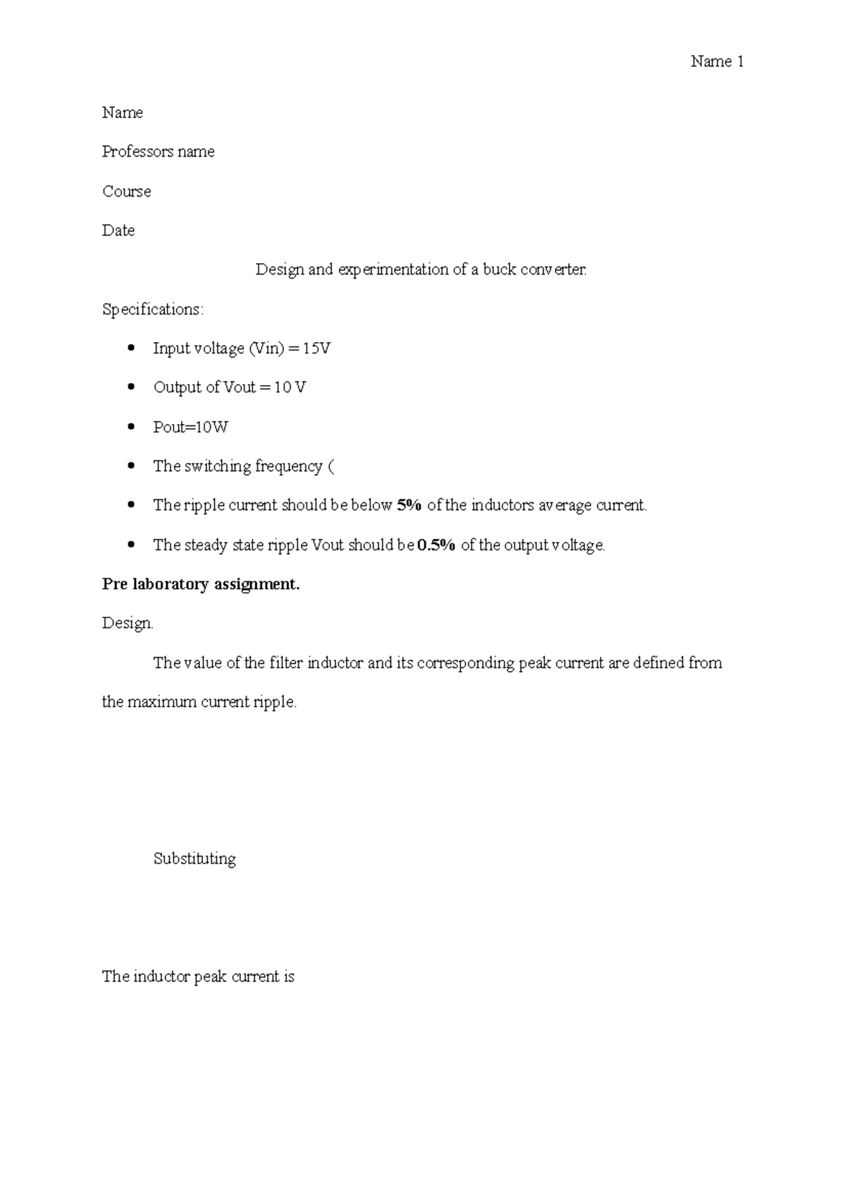 Design and experimentation of a buck converter - Specifications: Input ...