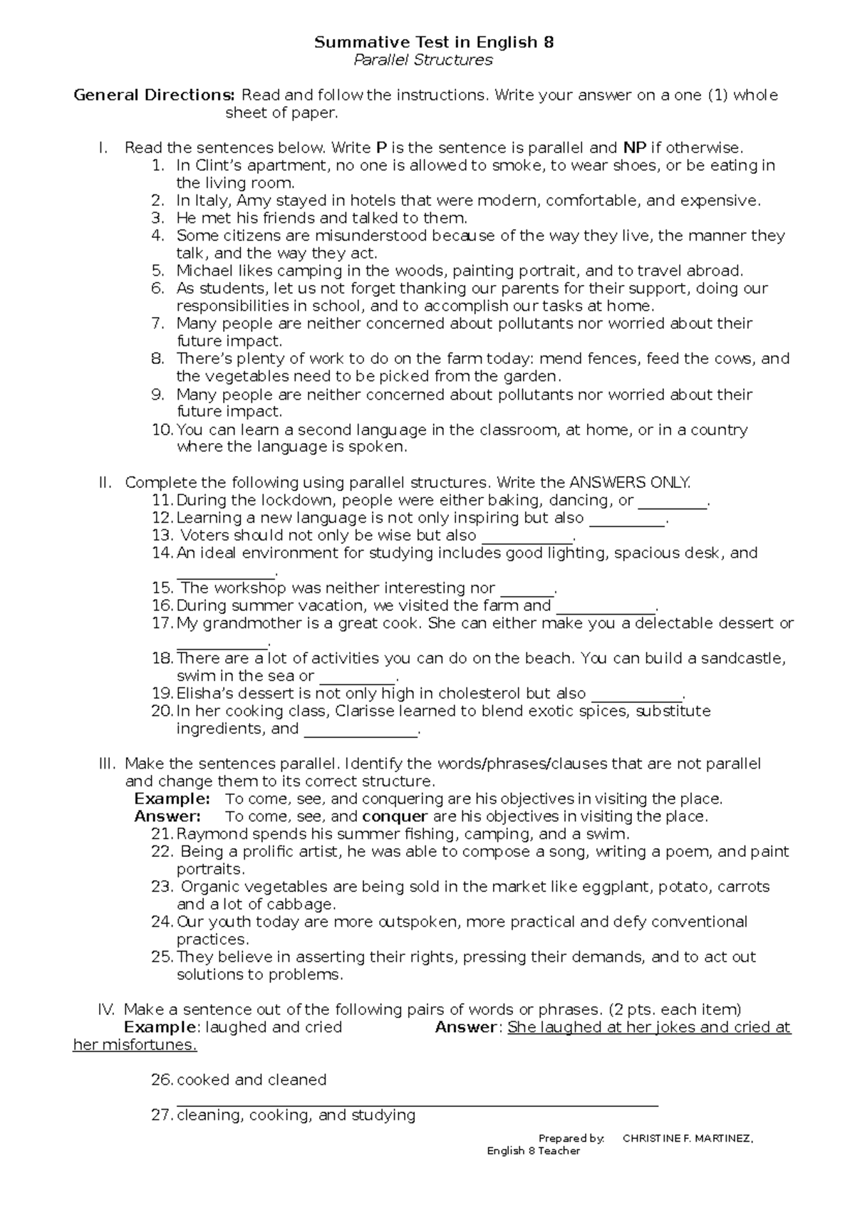 Parallelism-Summative Test in English 8 - Summative Test in English 8 ...