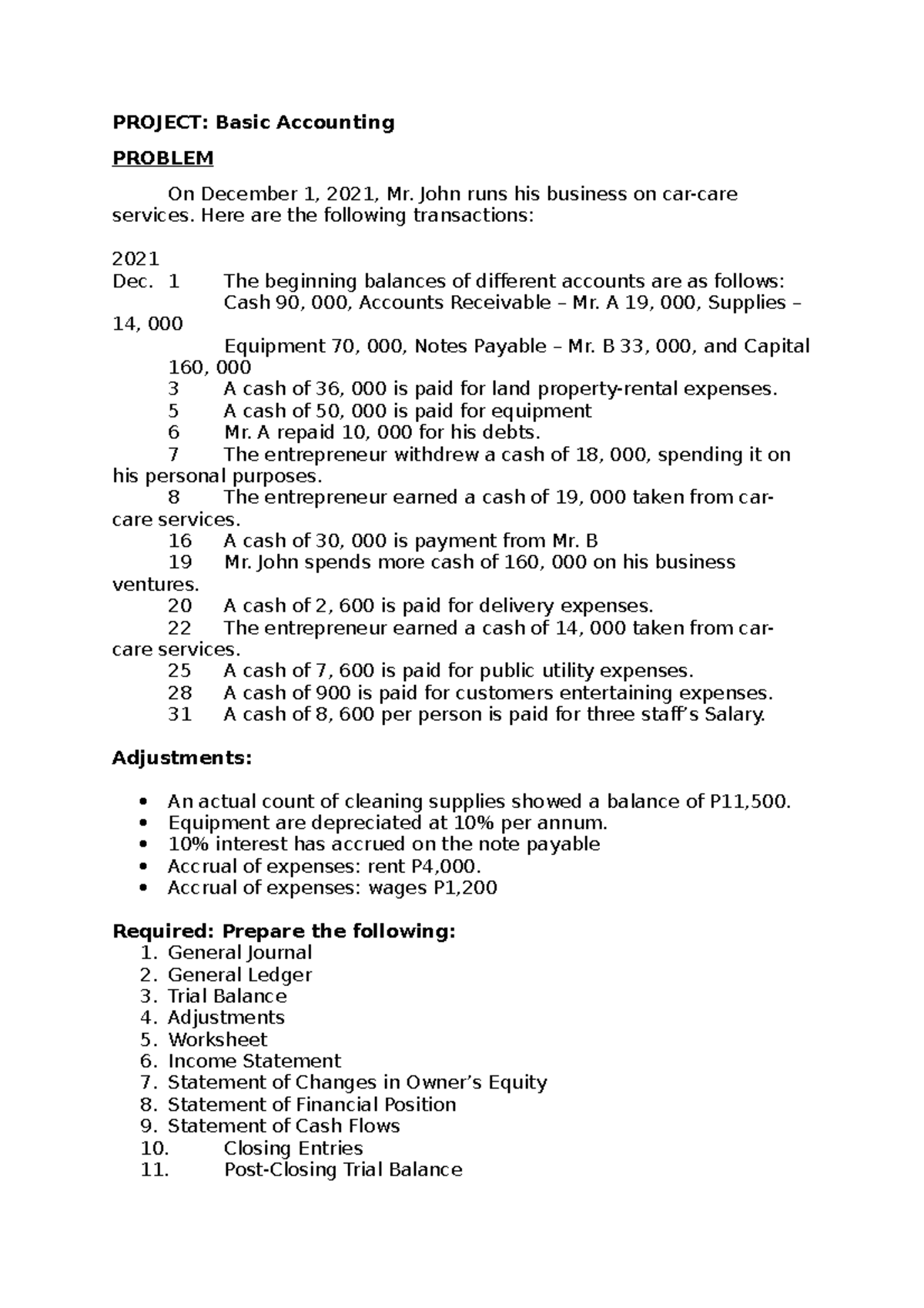 ACCT 11 Project - PROJECT: Basic Accounting PROBLEM On December 1, 2021 ...