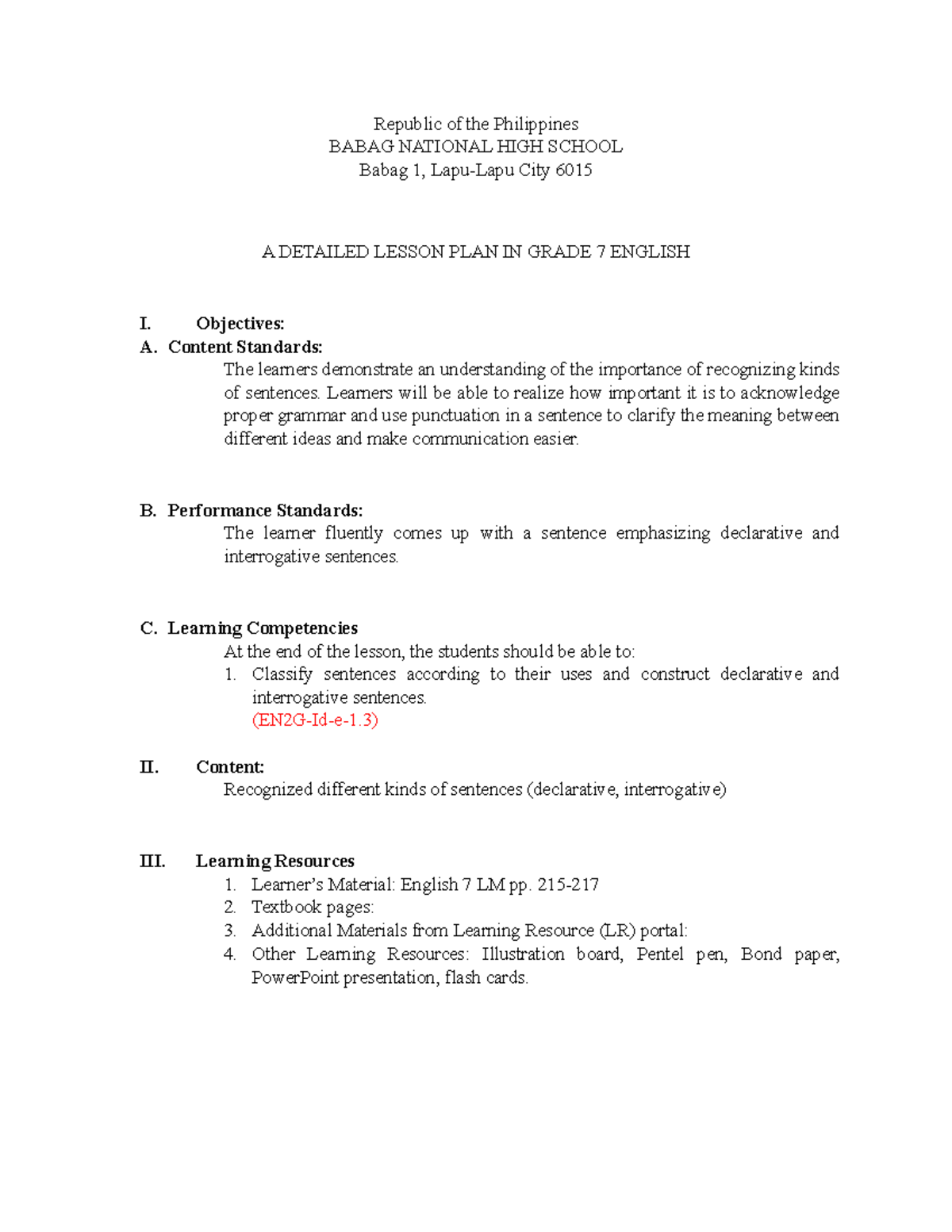 A Detailed Lesson PLAN IN Grade 7 English - Republic of the Philippines ...