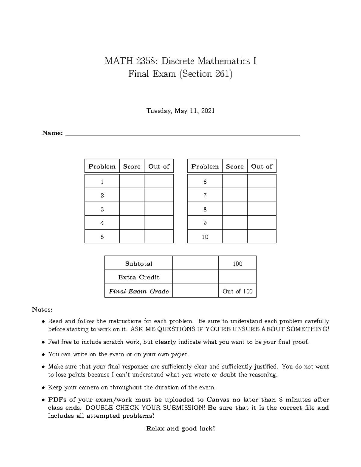MAT2358 - Final Exam 261 - one problem per page - MATH 2358: Discrete ...