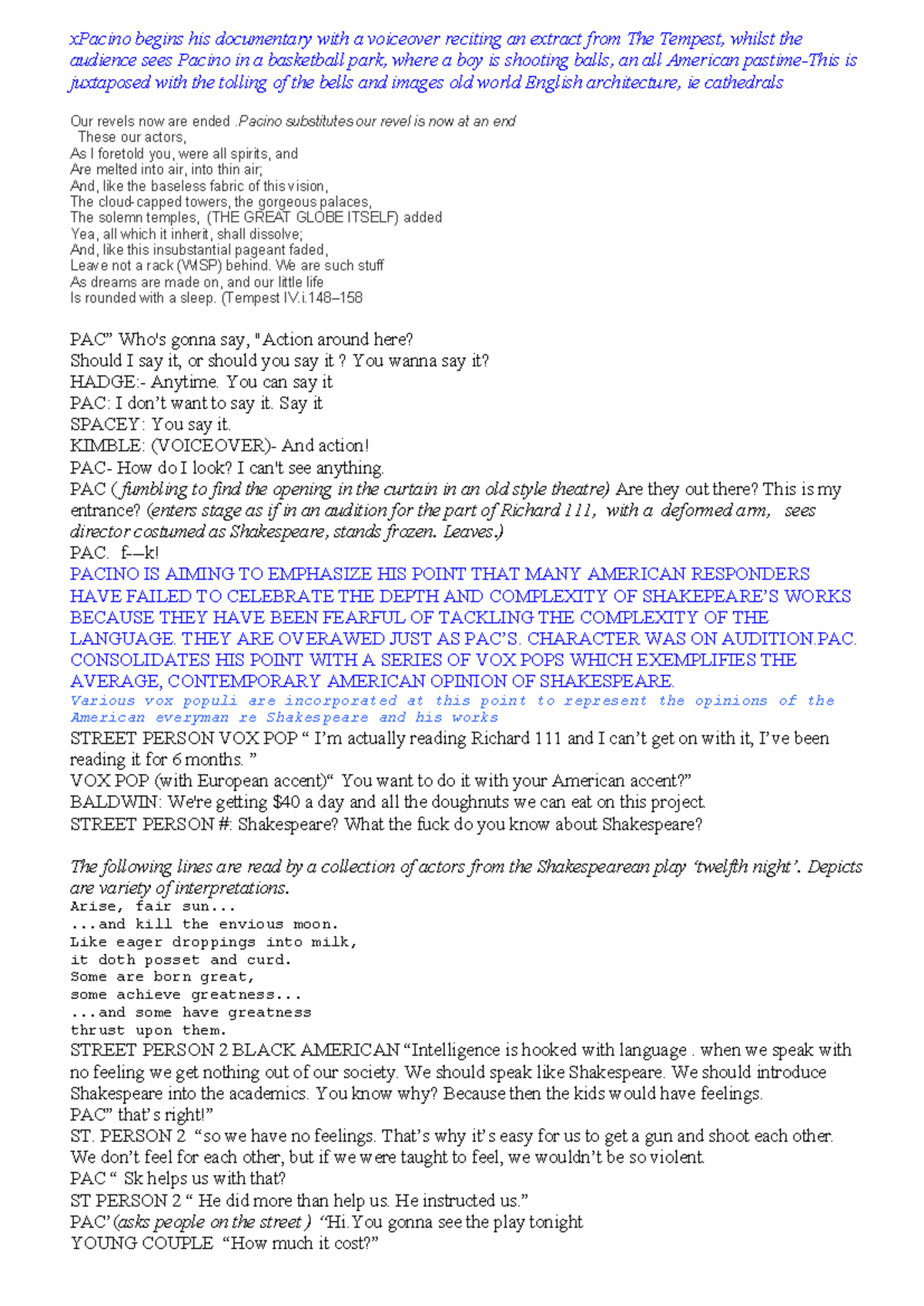 Looking for richard script commentary 1 - xPacino begins his documentary with a voiceover ...