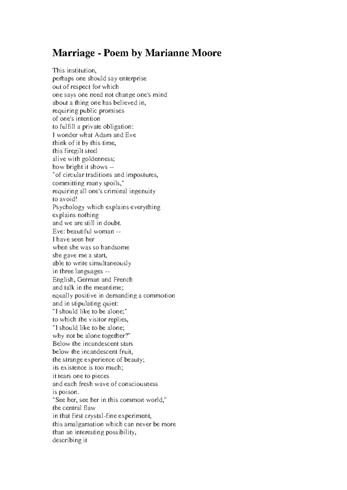 第二場講義 - Poem notes - Marriage - Poem by Marianne Moore This institution ...