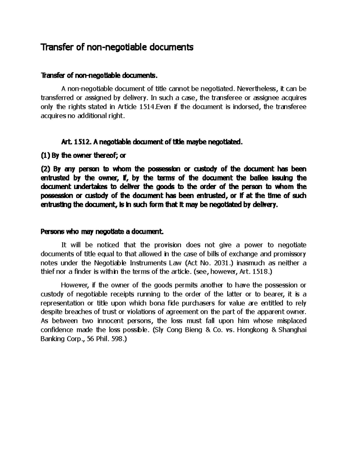 Transfer of non-negotiable documents - Transfer of non-negotiable ...