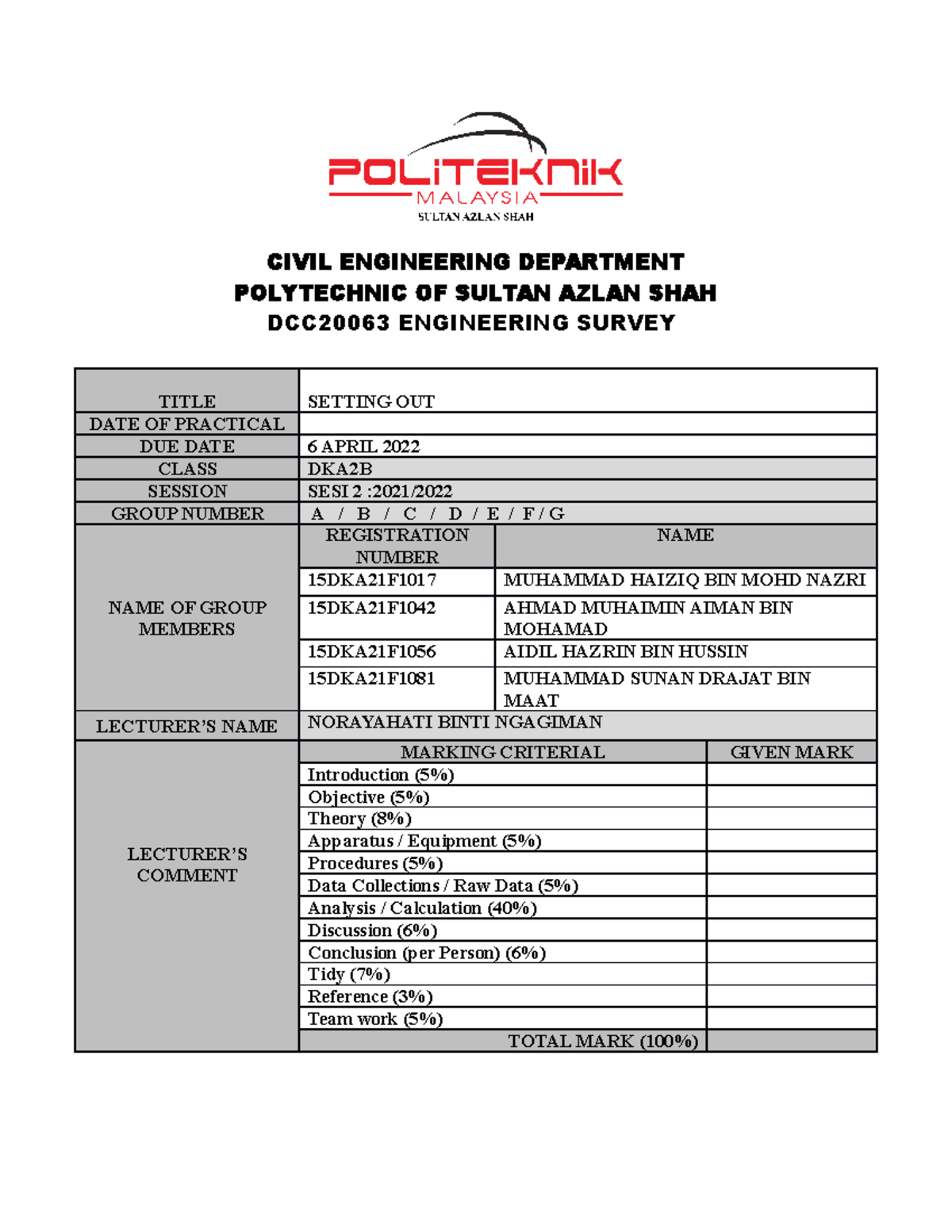 Setting OUT Report aidil - CIVIL ENGINEERING DEPARTMENT POLYTECHNIC OF ...