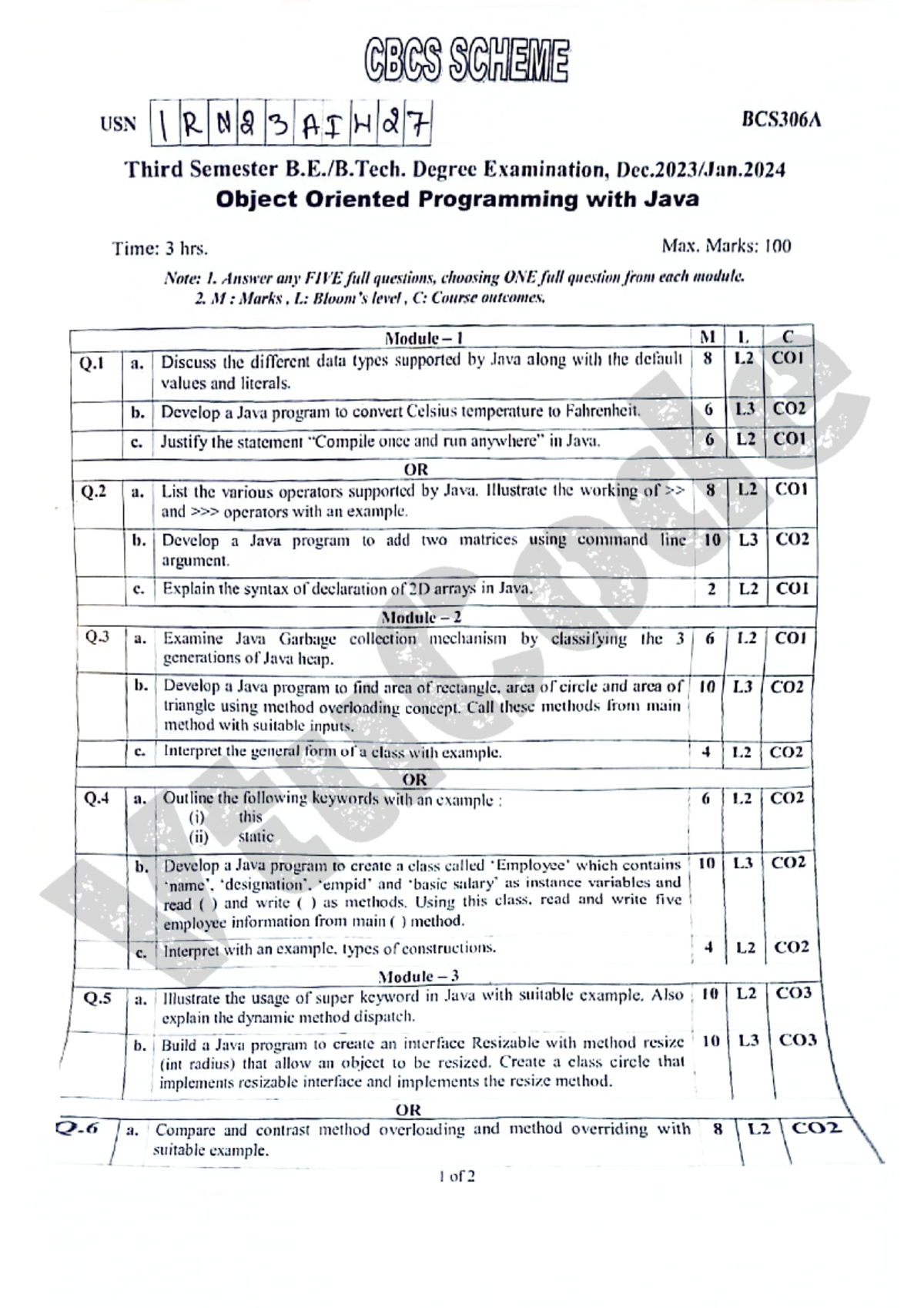 previous year question paper - CBCS SCHEME USN IRN23AIH27 BCS306A Third ...
