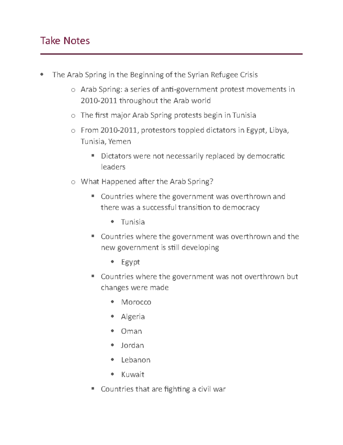 In-Class Notes: Migration Today - Take Notes The Arab Spring in the ...