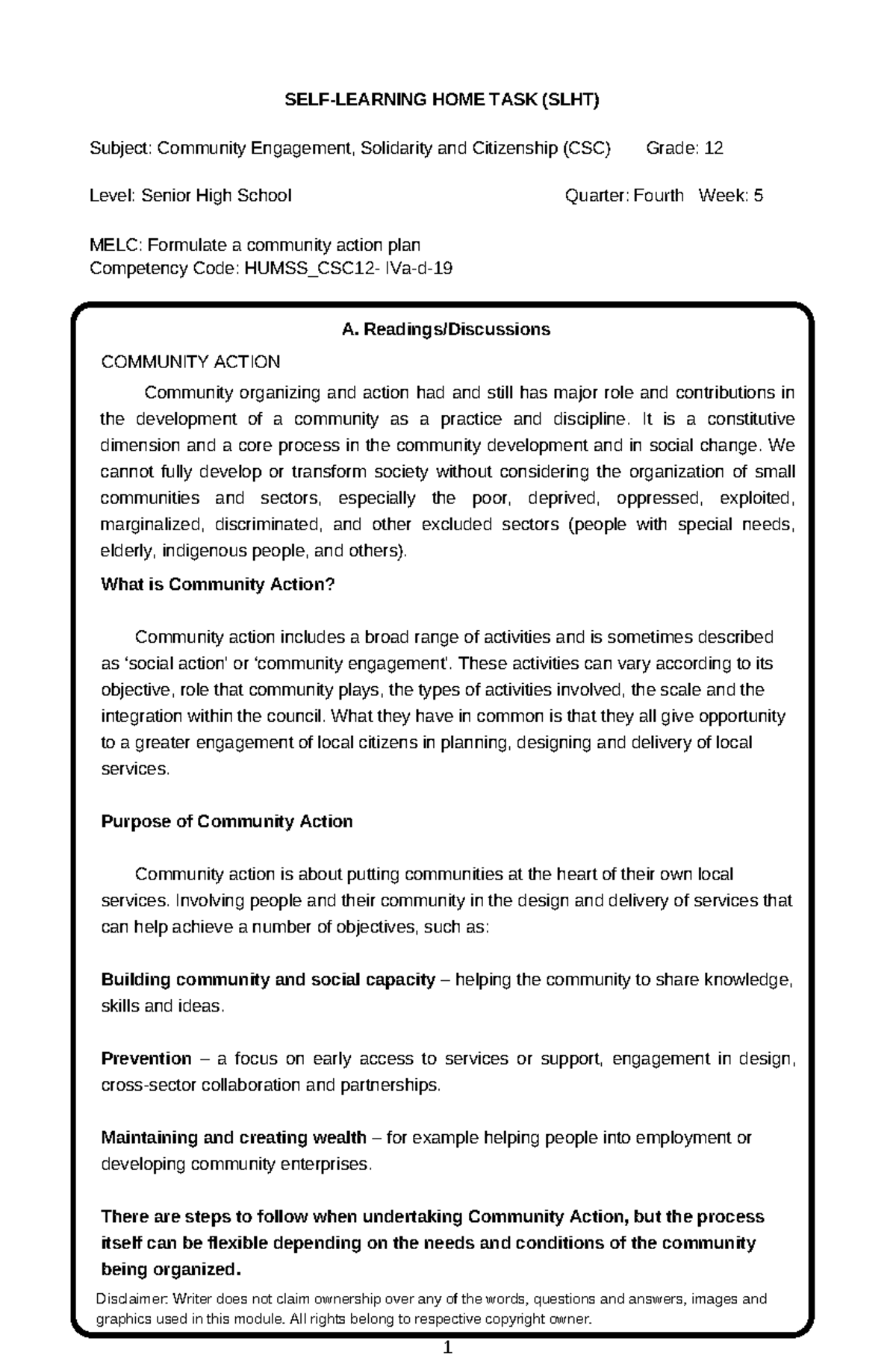 Quarter 4 week 5 - REFERENCE ONLY - What is Community Action? Community ...