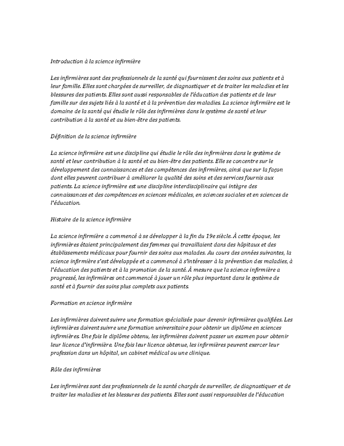 Nursing note study - Introduction à la science infirmière Les ...