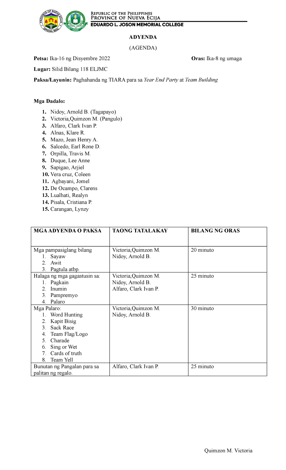 Agenda Victoria - edel - ADYENDA (AGENDA) Petsa: Ika-16 ng Disyembre ...