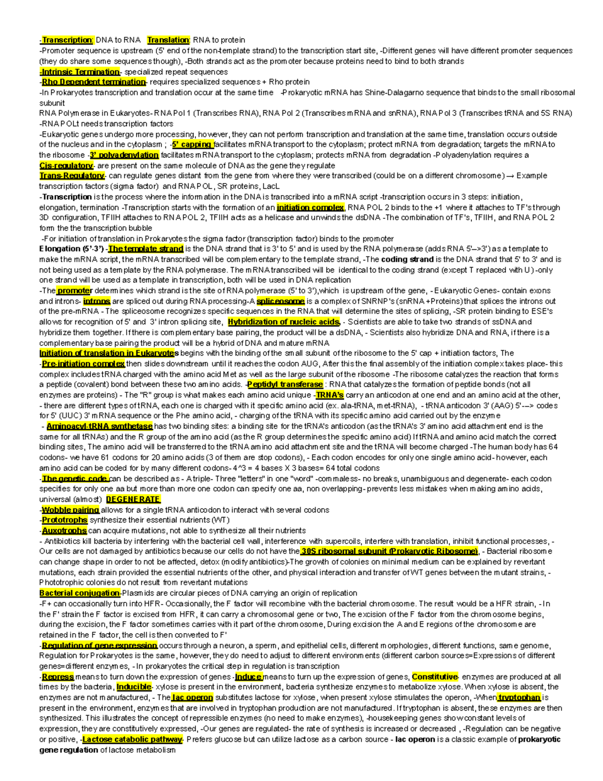 BIO220 Exam 2 Cheat Sheet -Transcription: DNA to RNA Translation: RNA to protein -Promoter ...