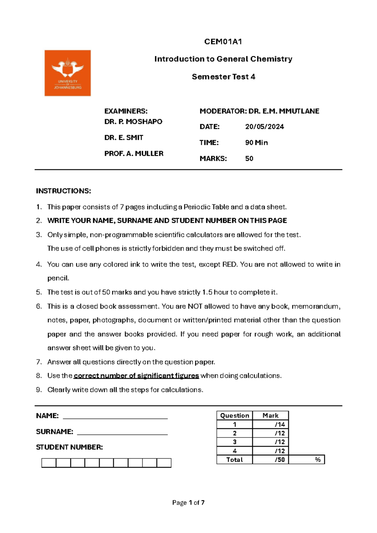 2024 CEM01A1 Semester Test 4 Memo - CEM01A Introduction to General ...