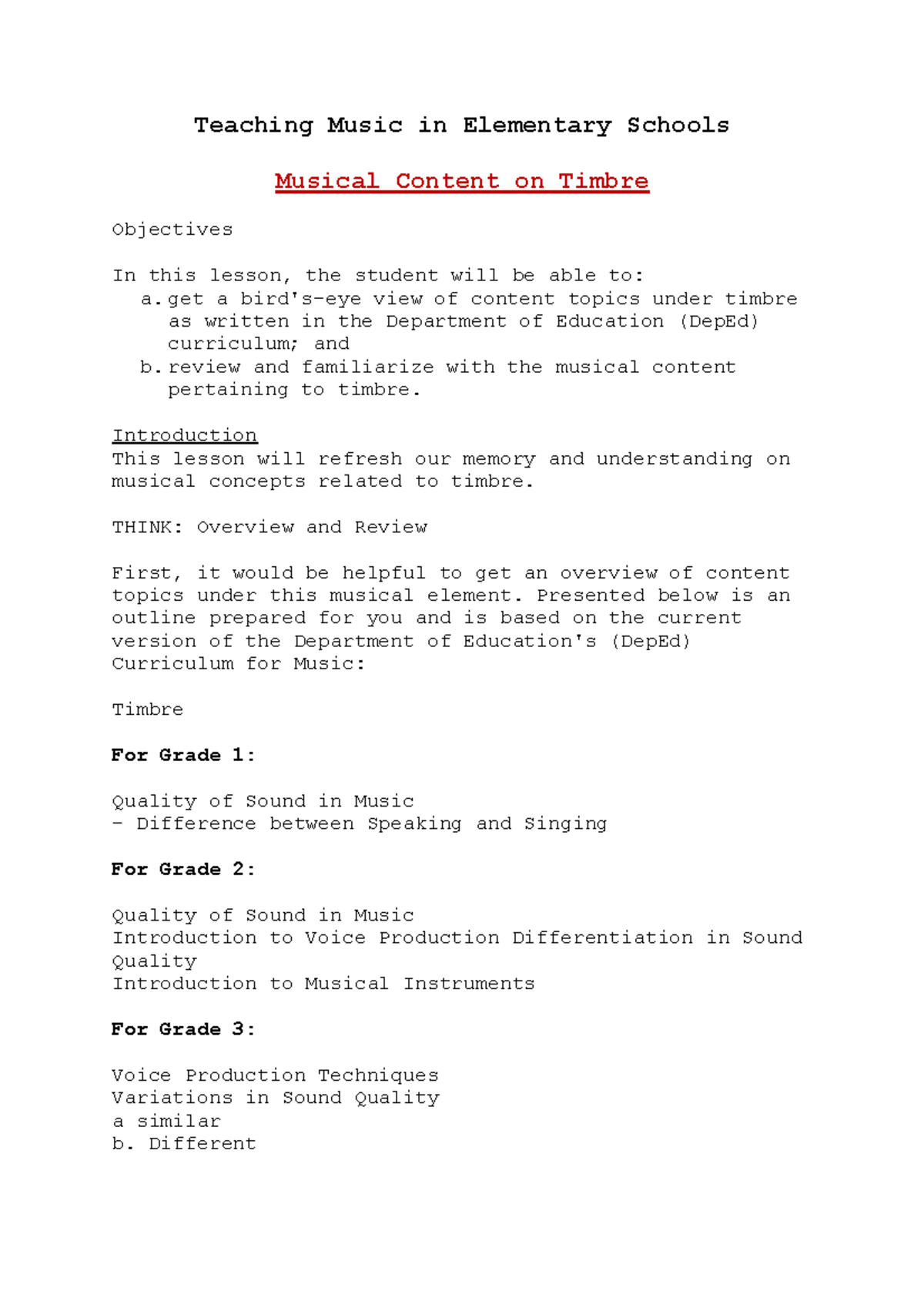 Teaching Music in Elementary Schools-Musical Content on Timbre ...