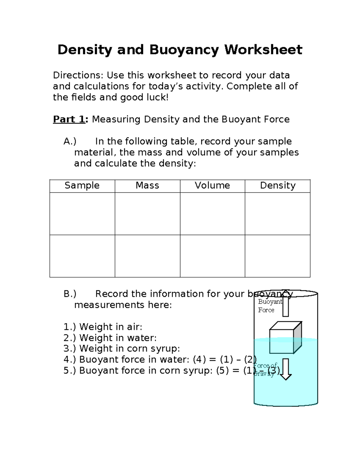 Density and Buoyancy Worksheet - Force of Gravity Buoyant Force Density ...