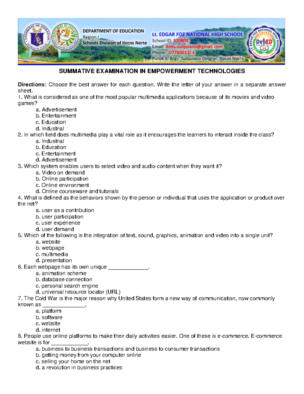Summative Examination IN Empowerment Technologies - SUMMATIVE ...