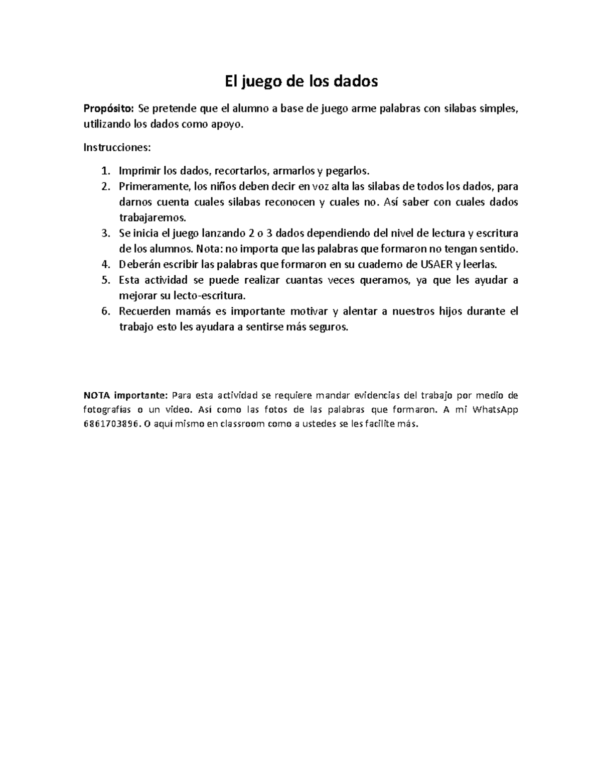 El juego de dados con silabas pdf - El juego de los dados Propósito: Se ...