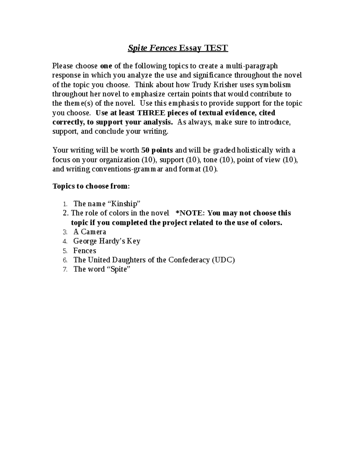 Spite Fences Take Home Essay - Spite Fences Essay TEST Please choose ...