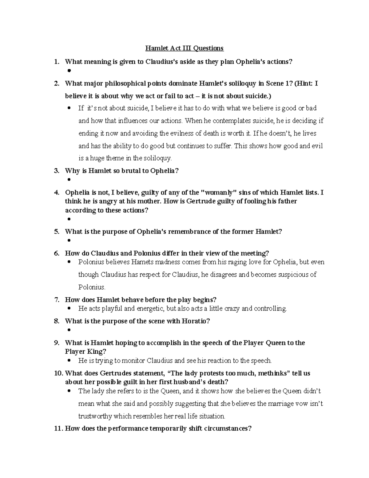 Hamlet Act III Questions - What meaning is given to Claudius's aside as ...