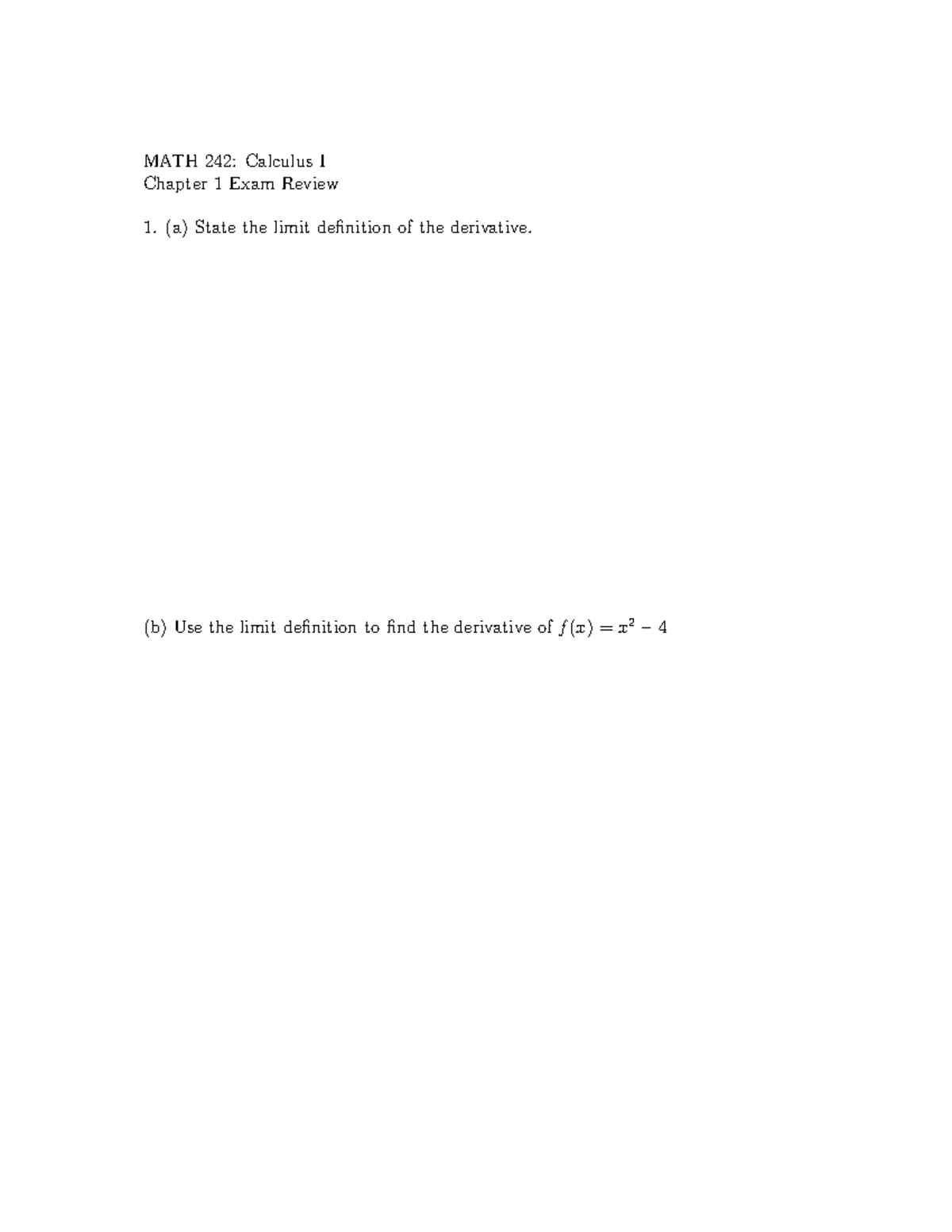 Exam2review - Exam review 2 - MATH 242: Calculus I Chapter 1 Exam ...