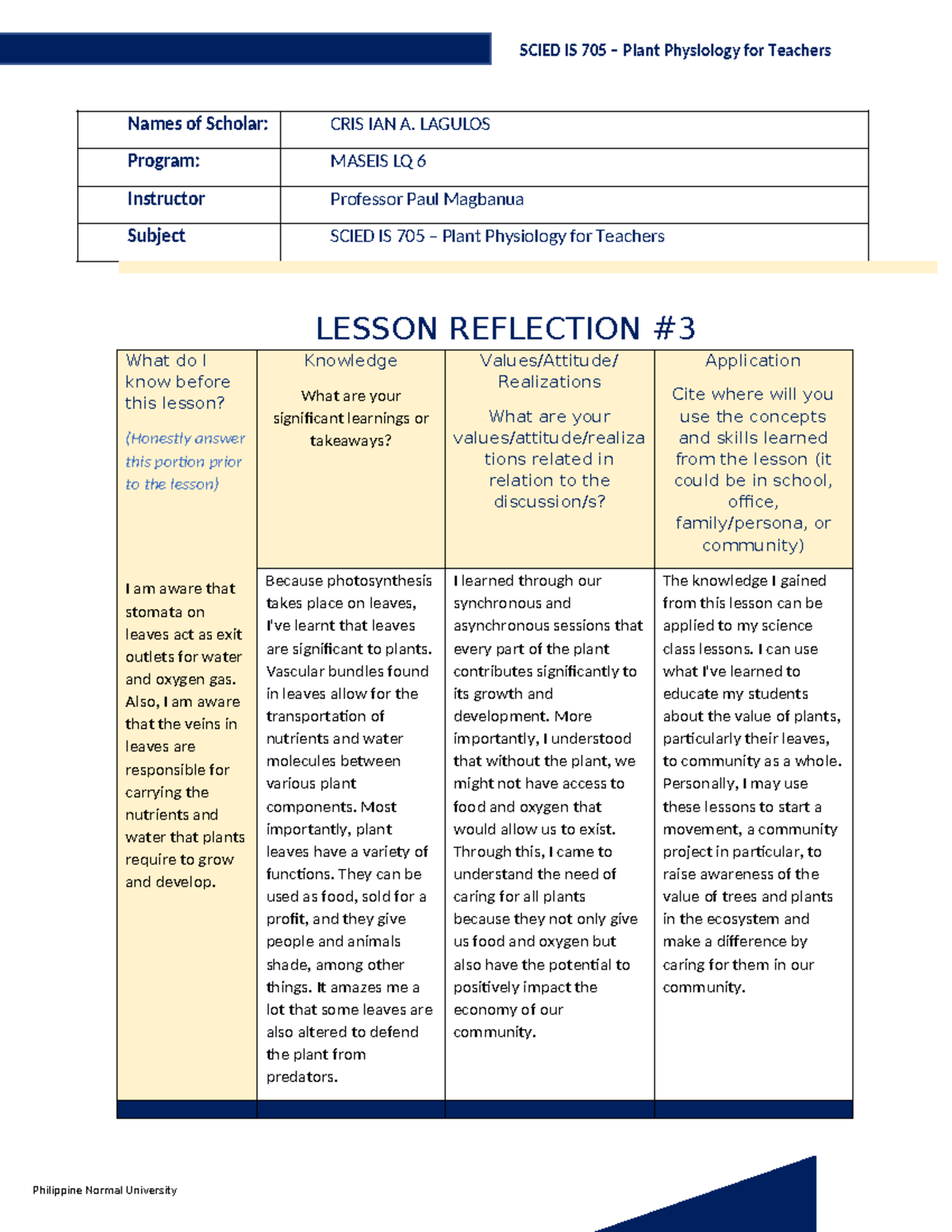 Lesson Reflection #3 - SCIED IS 705 – Plant Physiology for Teachers ...