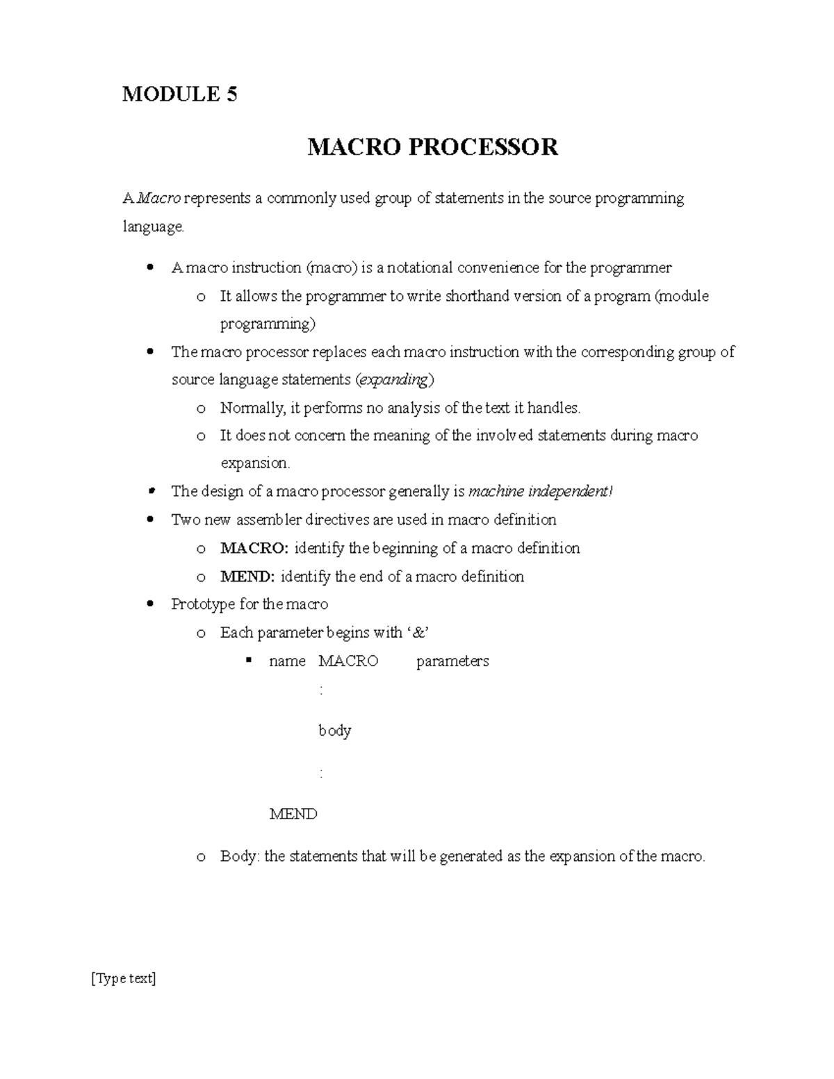 Ss Module 5 Notes Part 1 Module 5 Macro Processor A Macro Represents