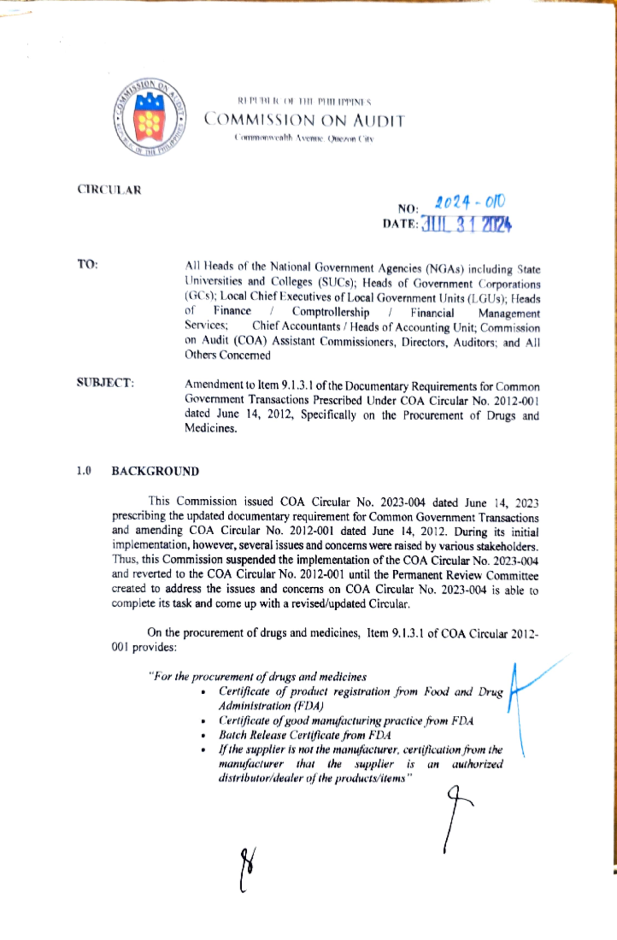 COA Circular 2024 010 - CIRCULAR TO: SUBJECT: 1. RI PUBI ICO I| PLIPPINI S COMMISSION ON AUDT ...