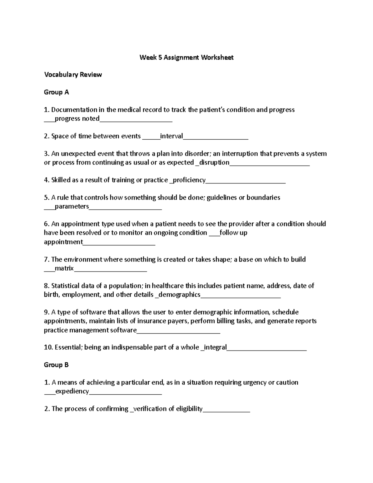 Week 5 Assignment Worksheet - Week 5 Assignment Worksheet Vocabulary ...