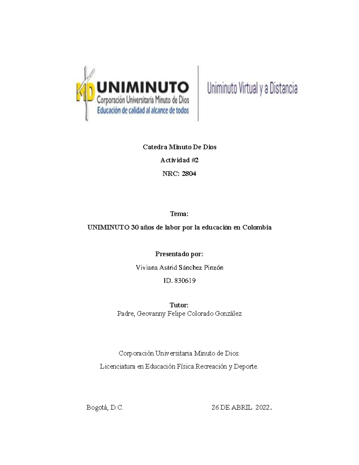 Catedra #2 minuto de dios - Catedra Minuto De Dios - Catedra Minuto De Dios Actividad # NRC ...