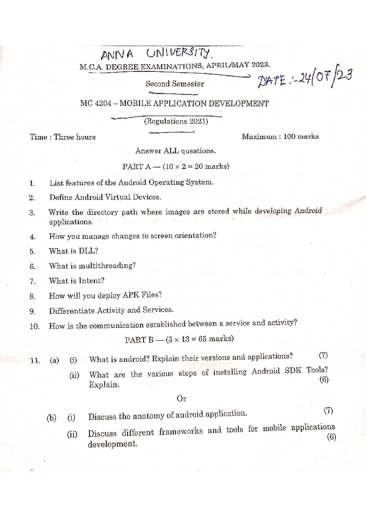 Mad may 2023 question paper - ANNA UNIVERSITY. M.C. DEGREE EXAMINATIONS ...