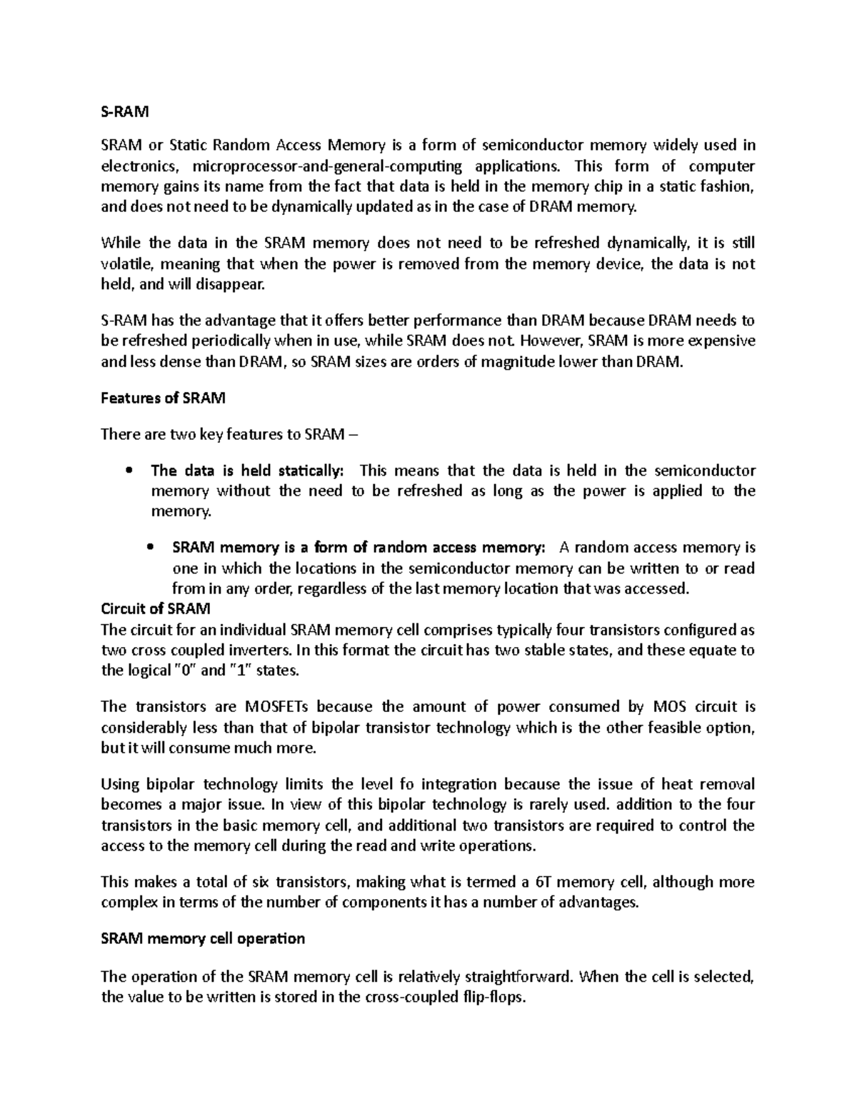 Types of RAM - Explain sram, features of sram, characteristics of sram ...