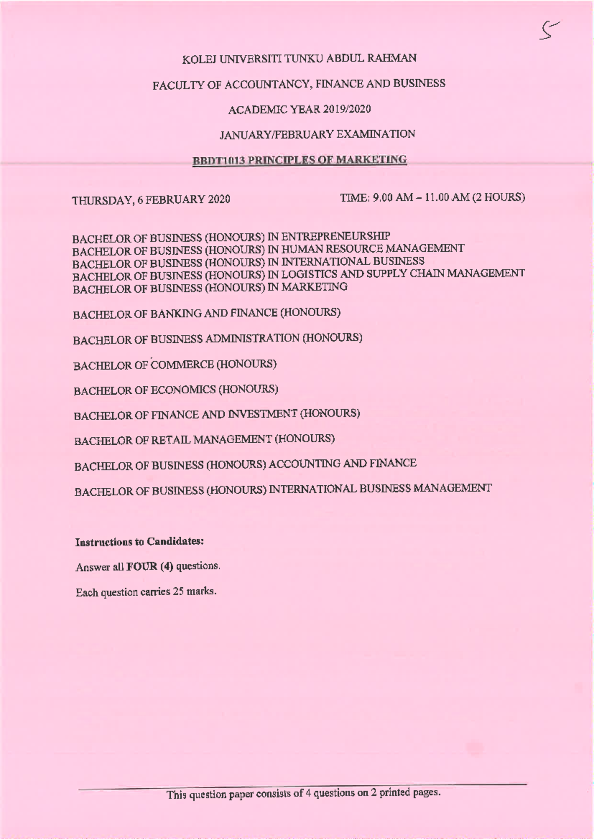 BBDT1013 6 feb 2020 - past year question - PRINCIPLES OF MARKETING ...